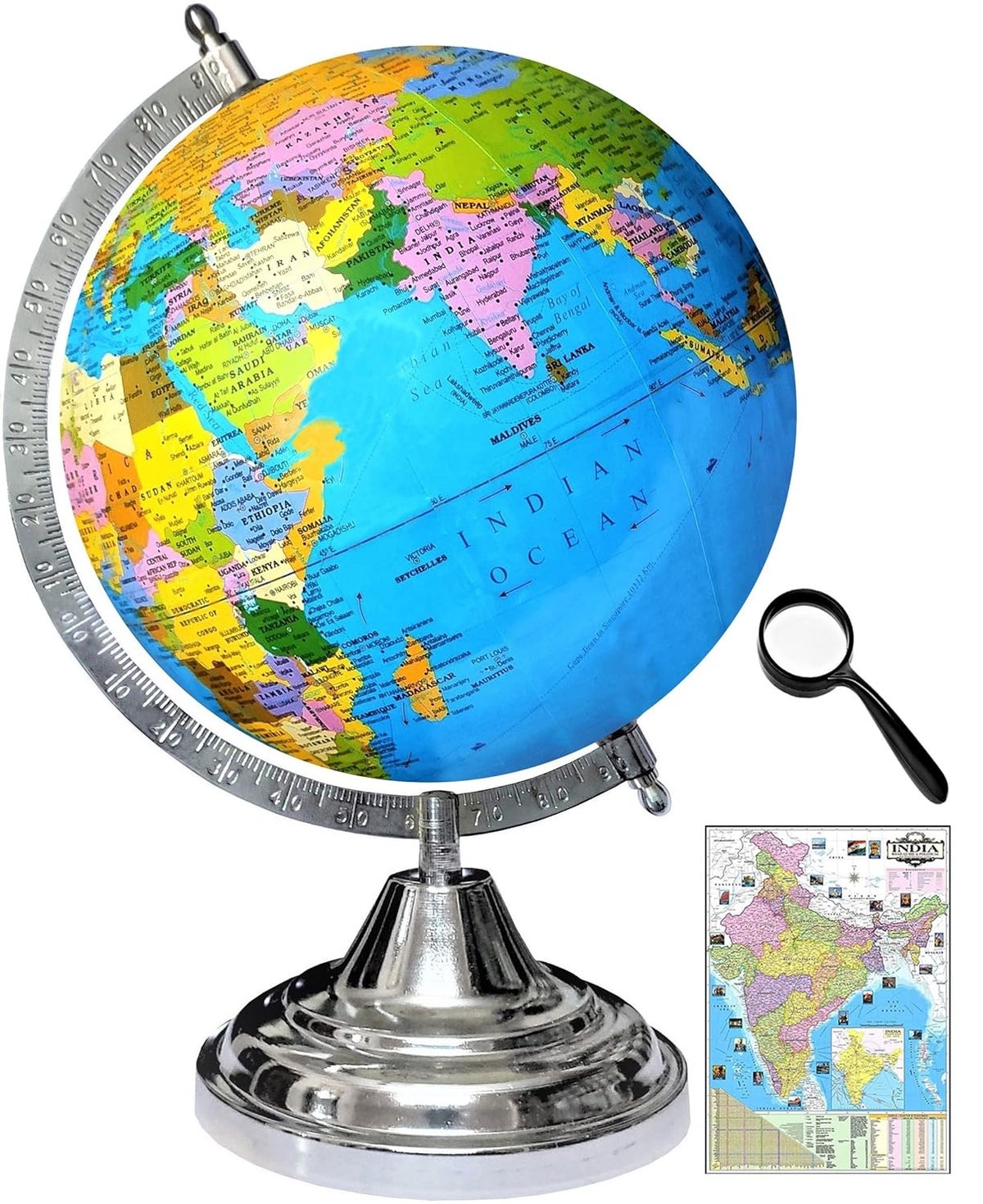 LAPRUN SAVY Globe 8 Inch with 75 mm Magnifying Glass & India Map ...