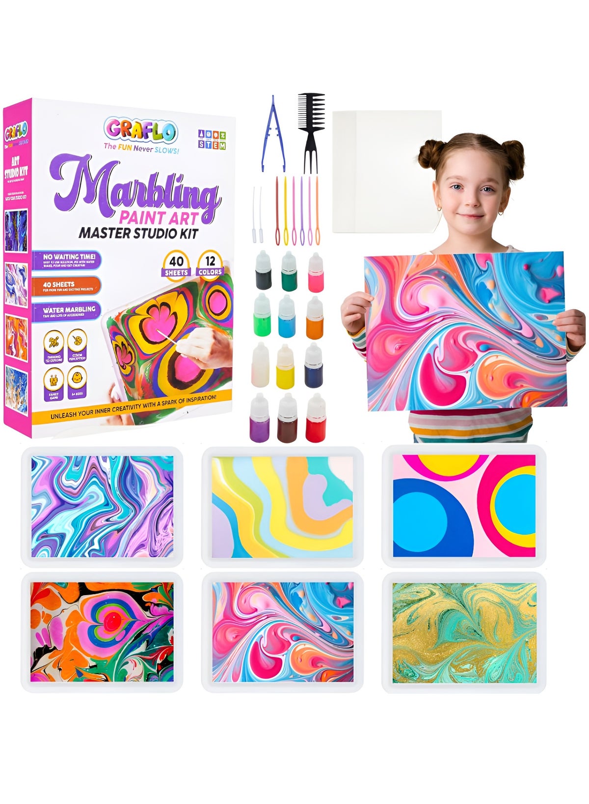 GRAFLO Marbling Paint Arts & Crafts Kit - Water Marble Painting Set ...