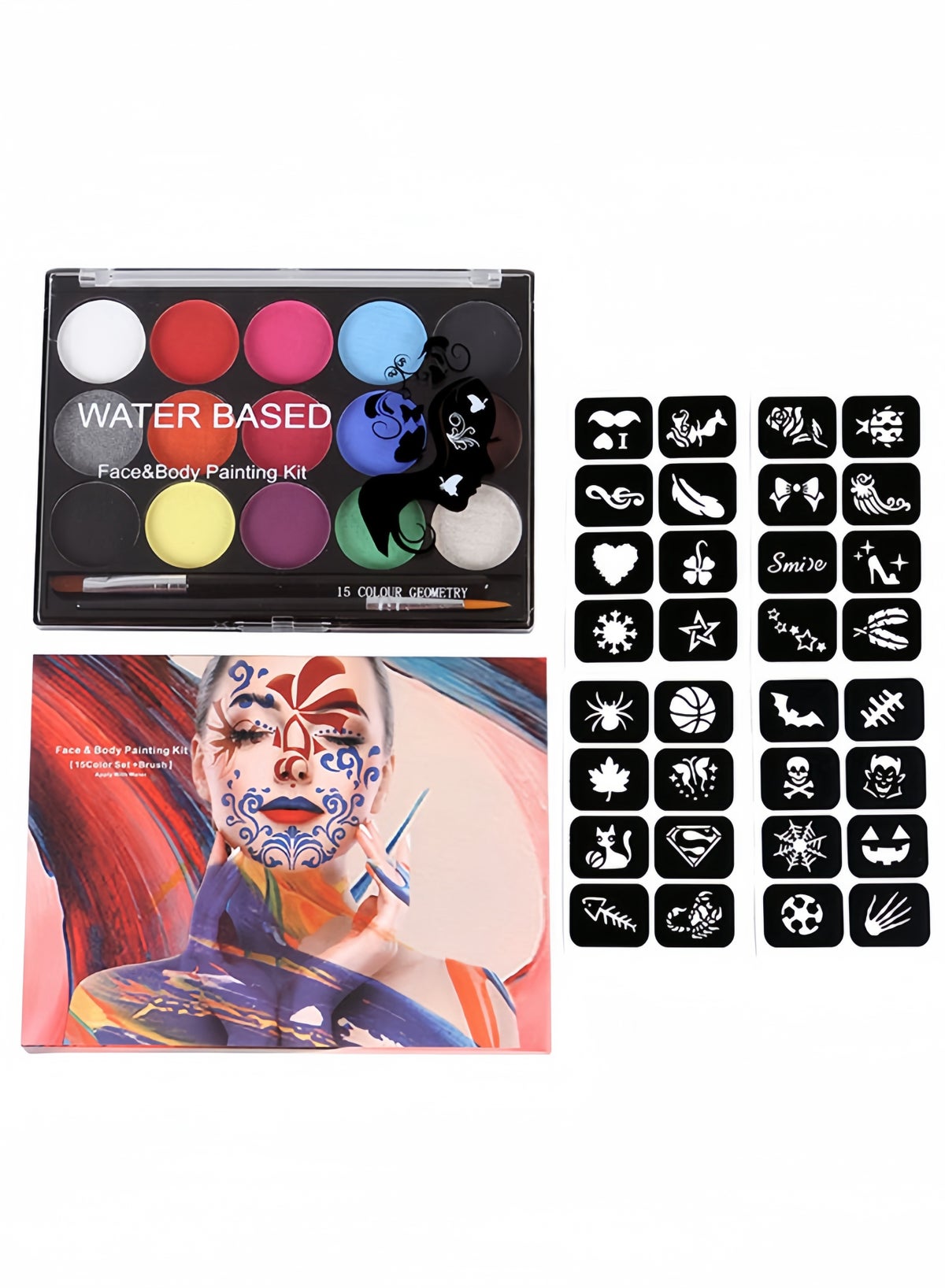 DAREU 15-Color Face and Body Paint Kit with 32 Stencils and 2 Brushes ...