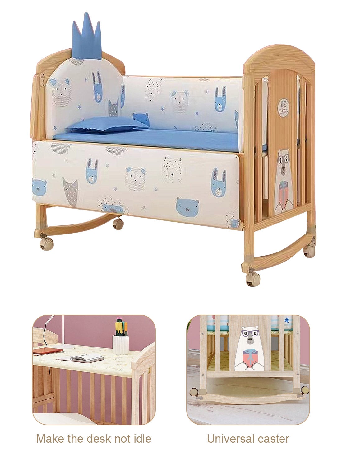 MaBaby Multifunctional Baby Beside Crib, Solid Wood Rocking Bed ...