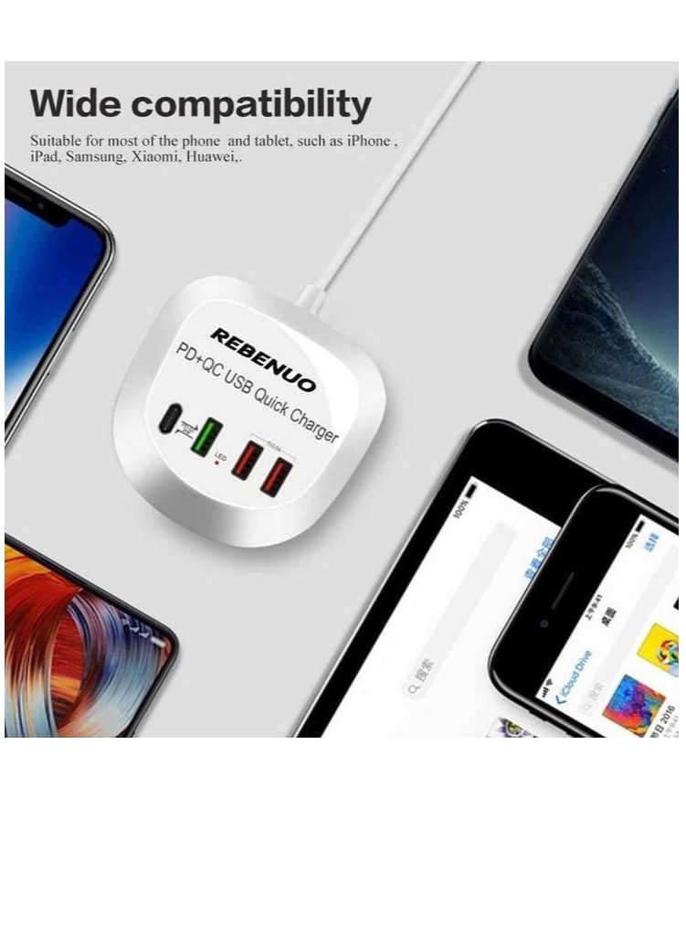 REBENUO Rebenuo 4 In 1 USB With Type-C PD Quick Charger, LED Lights ...