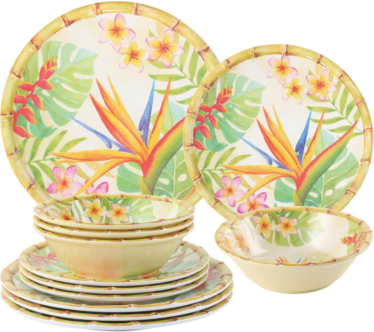 UP UPware 12 Piece Bird of Paradise Melamine Dinnerware Sets Outdoor ...
