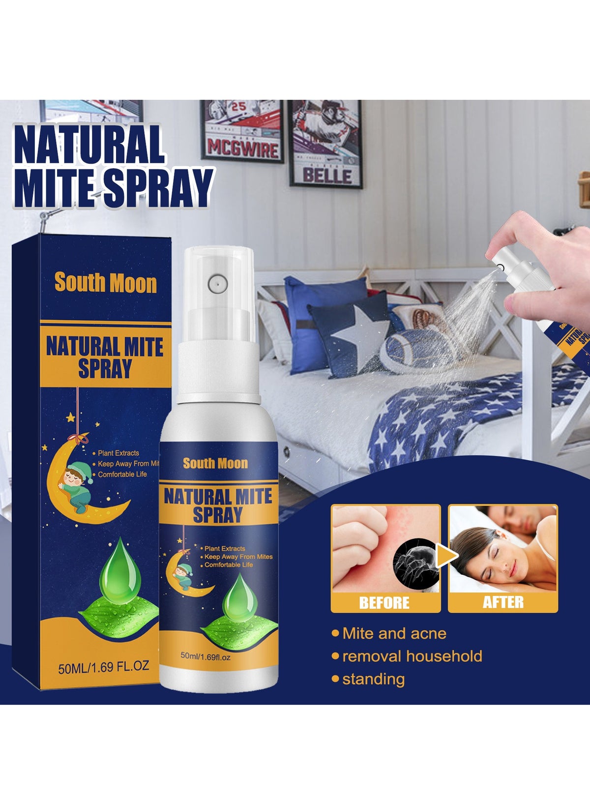 SOUTH MOON Natural Mite Spray for Bedding,Quilts,Sofas,Mites and Anti ...