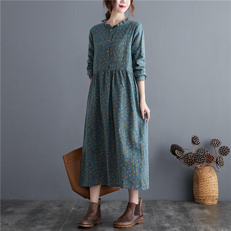 Generic 2024 Autumn New Printed Cotton and Linen Dress Women's Retro ...