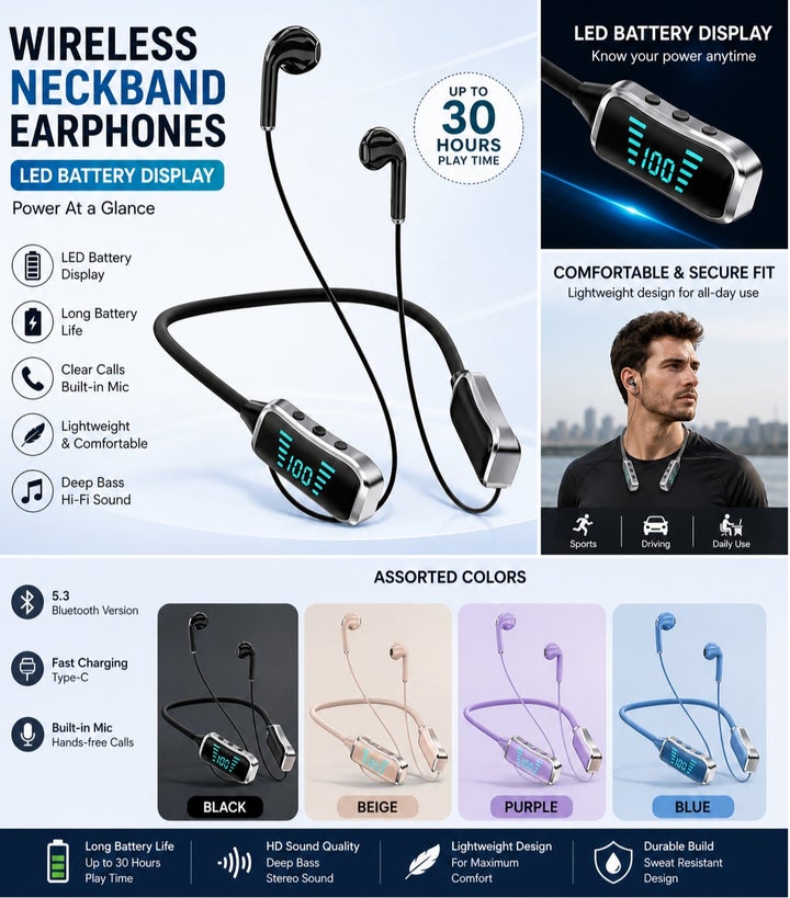 Buy KIN Wireless Bluetooth Neckband Earphones with LED Battery Display ...