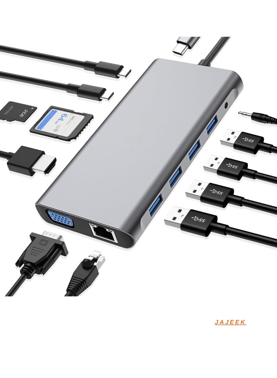 JAJEEK 12-in-1 USB C Hub Docking Station with 4K HDMI, VGA, USB 3.0 ...