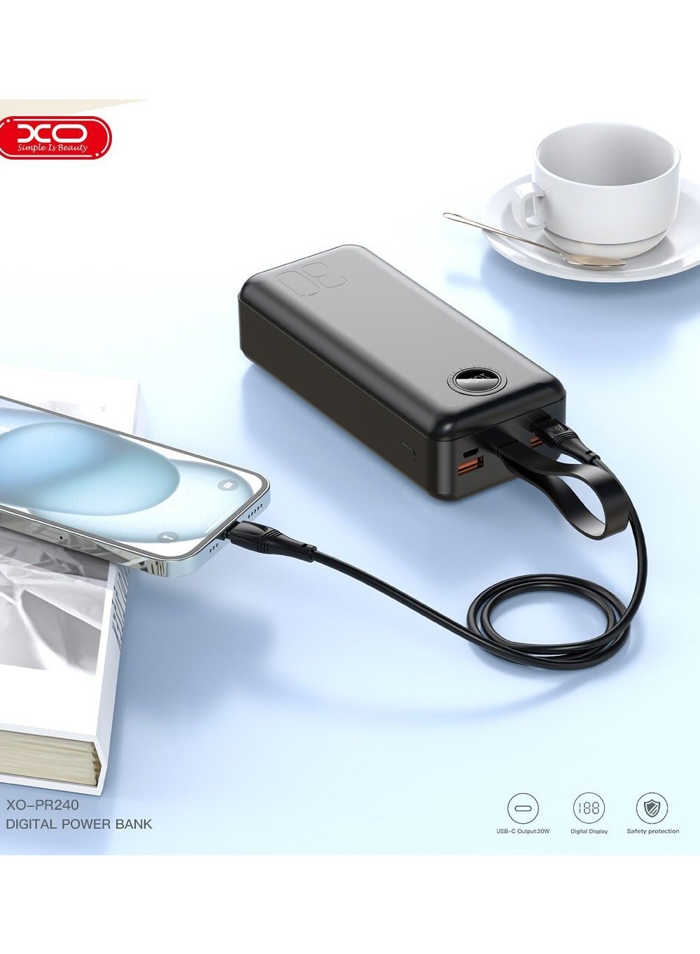 XO PR240 USB-C 20W/USB-A 22.5W Fully compatible digital display fast charging power bank ...