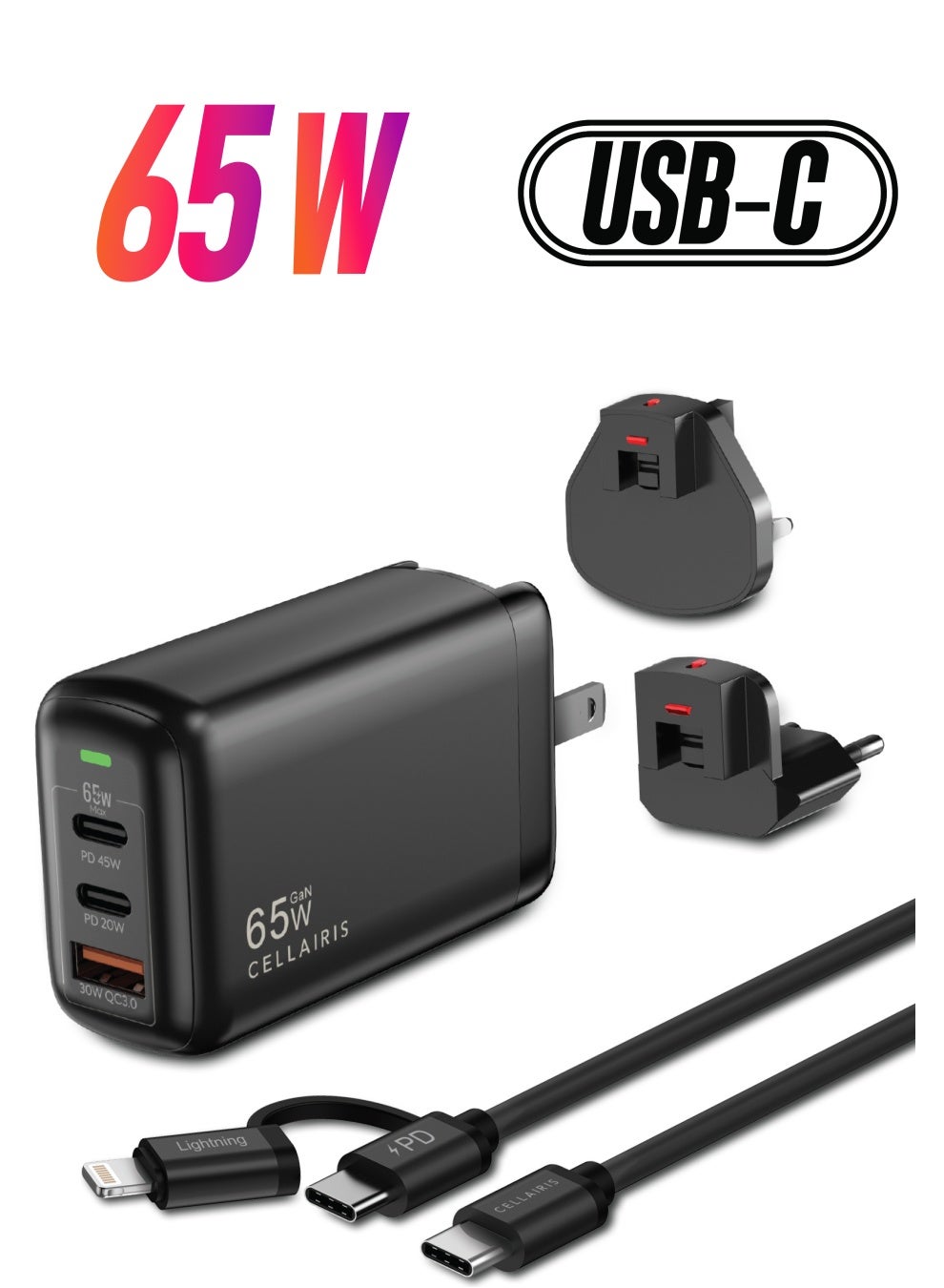 Cellairis Premium Travel Adapter GaN PD 65W + PD 2in1 Cable - Black ...