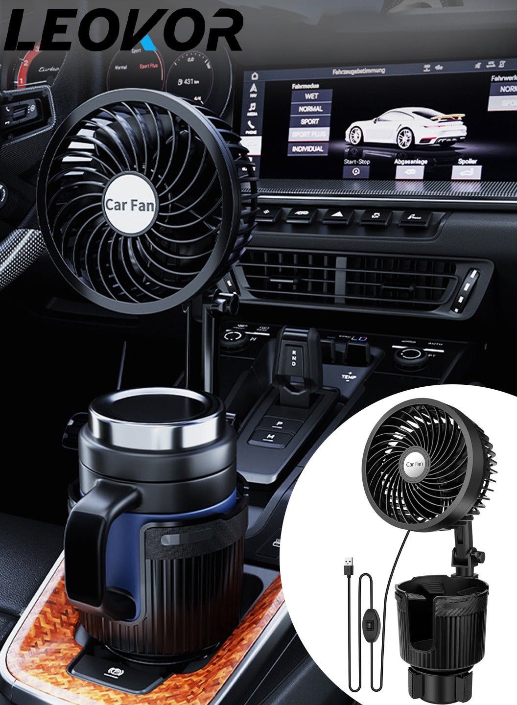 LEOKOR Car Fan,2 in 1 USB Fan Car Cup Holder Expander,with Adjustable ...