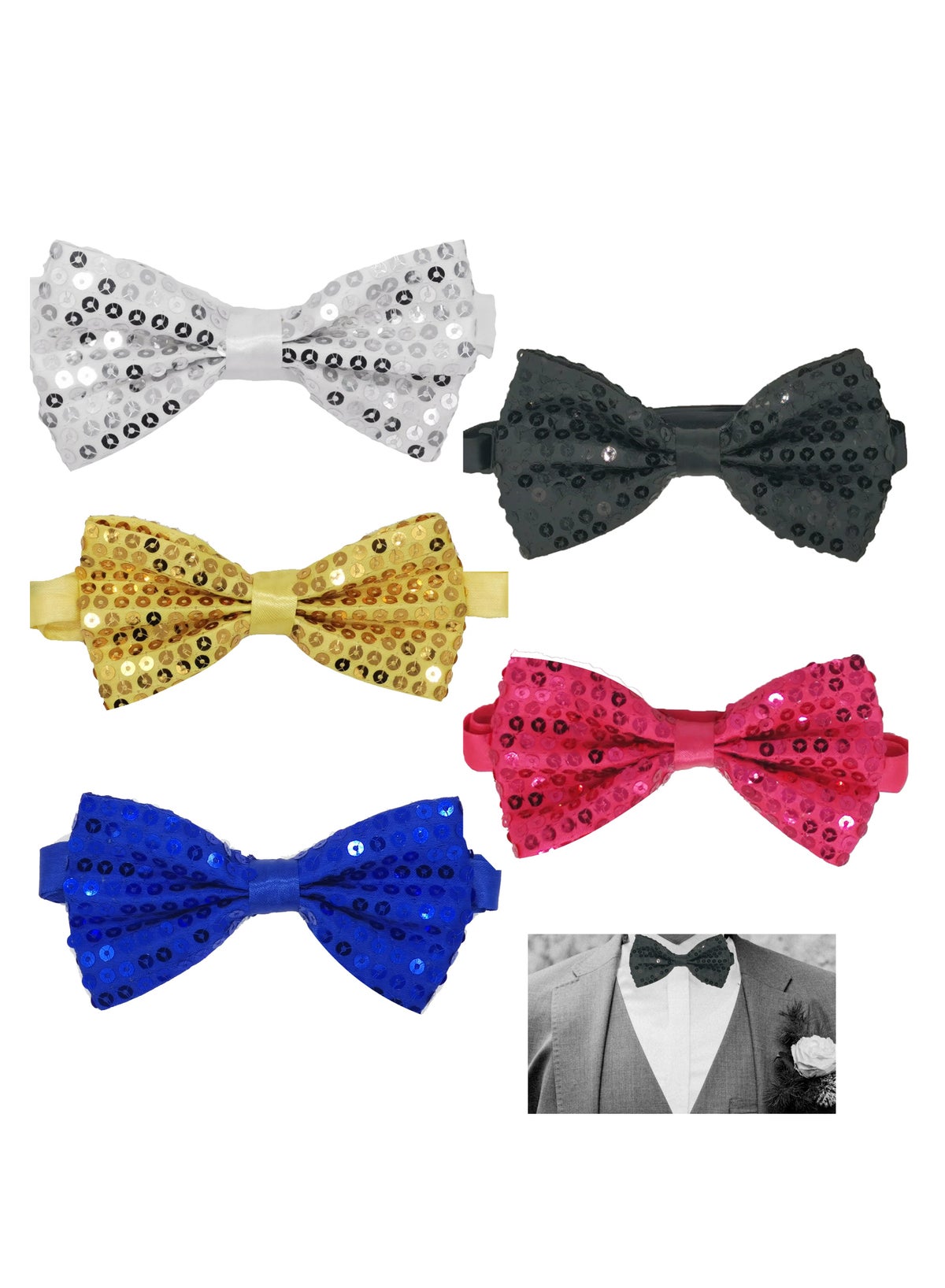 Loquat 5pcs Sequin Bow Ties for Men/Big Boys Pre-tied Adjustable Shiny Bow Tie Tuxedo Bowties ...