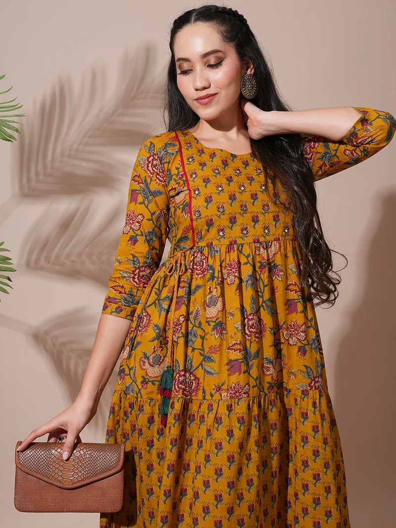 globus Yellow Globus Women Floral Printed Abla Work Waist Tie-Up ...