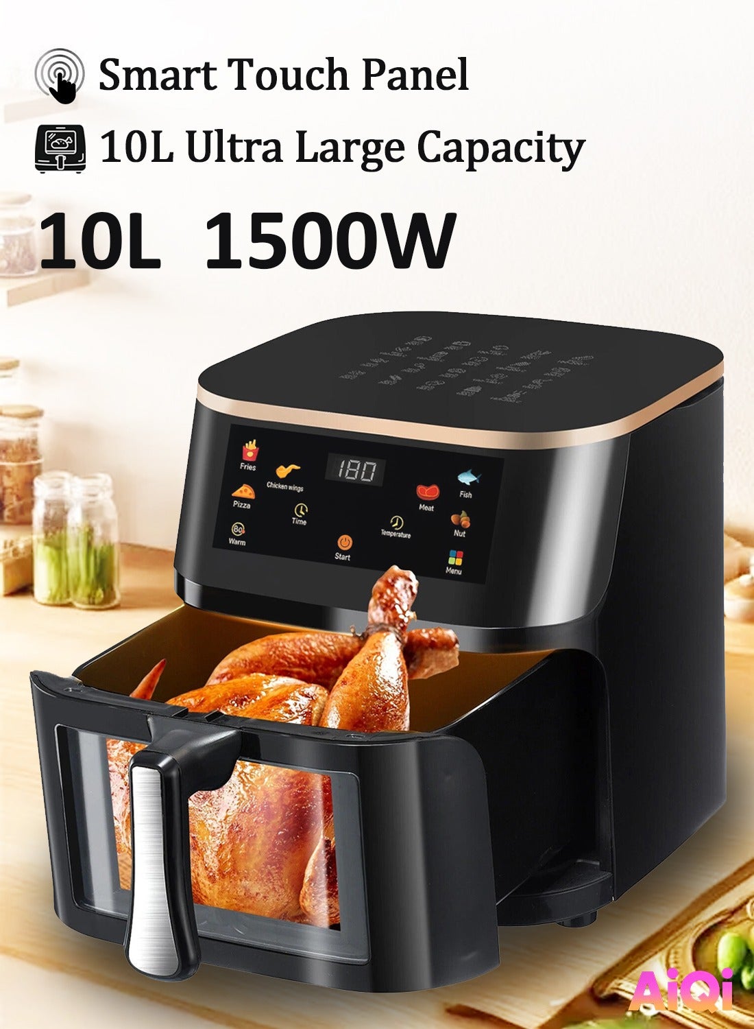 AiQi 10L XL Digital Air Fryer (Black) – Clear Window & Light, Pull-Out Power-Off Memory, 3D Hot ...