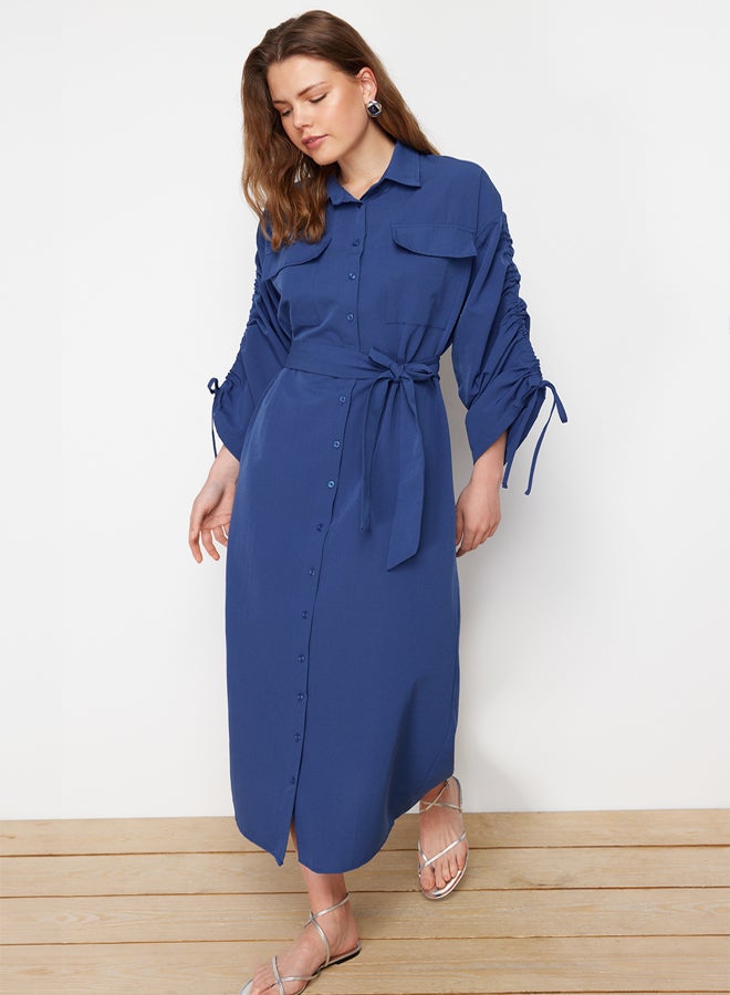 trendyol Saks Belted Cotton Woven Shirt Dress with Adjustable Sleeves ...