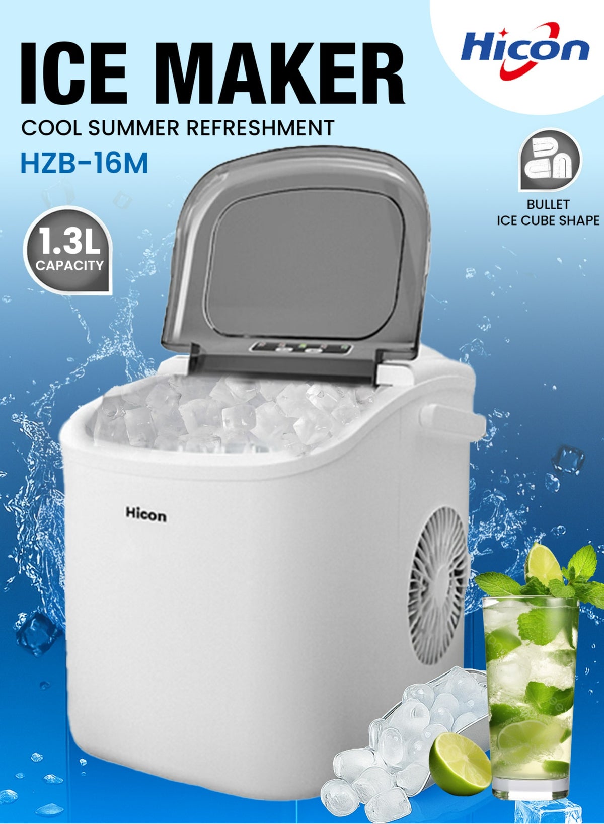 HICON Automatic Ice Maker, 15kg 24hrs Ice Production, Round lce Cube ...