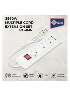 Hi Max 2860W Power Extension Cord With 2 USB Ports 50/60Hz Fused and ...
