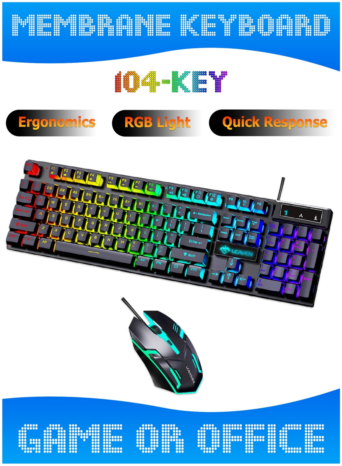 LEAVEN 104-Key Membrane Keyboard - Wired Keyboard and Wired Mouse Set ...