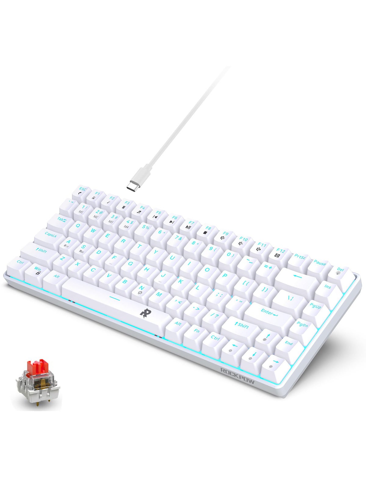 Rock Pow 84 Keys 70% Mechanical Gaming Keyboard Ice Blue Backlit Ultra ...