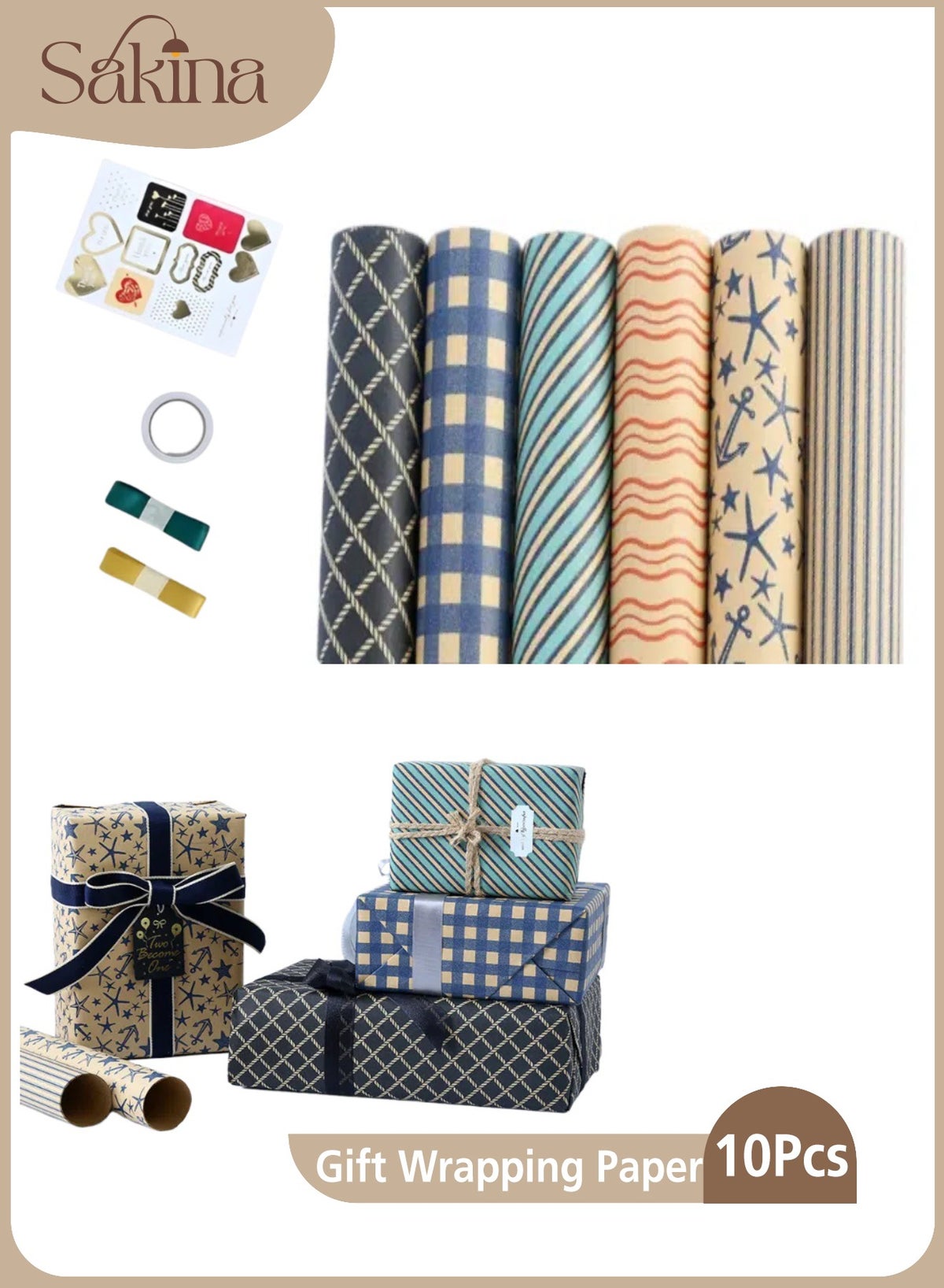 Sakina 10pcs Gift Wrapping Paper Ribbon Sticker Tape Set, Durable Gift ...