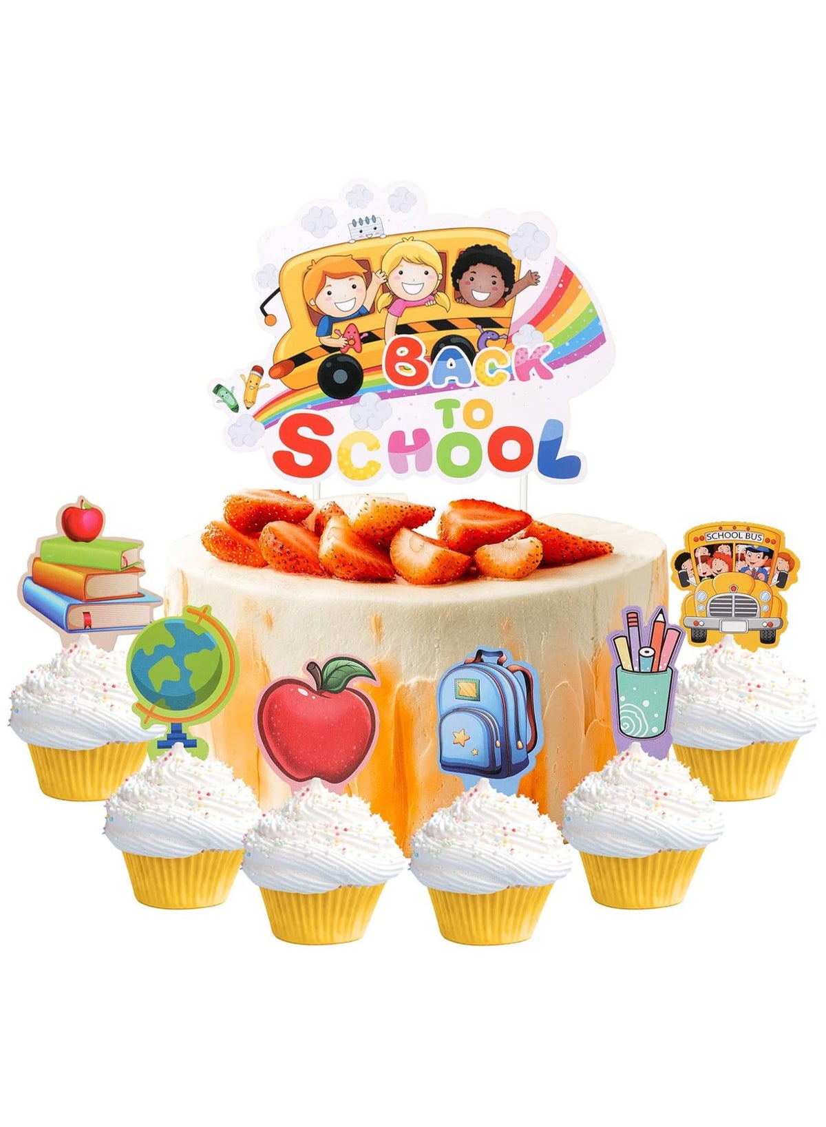 Generic 25 Pieces Back To School Cake Toppers School Bus Cake Topper ...