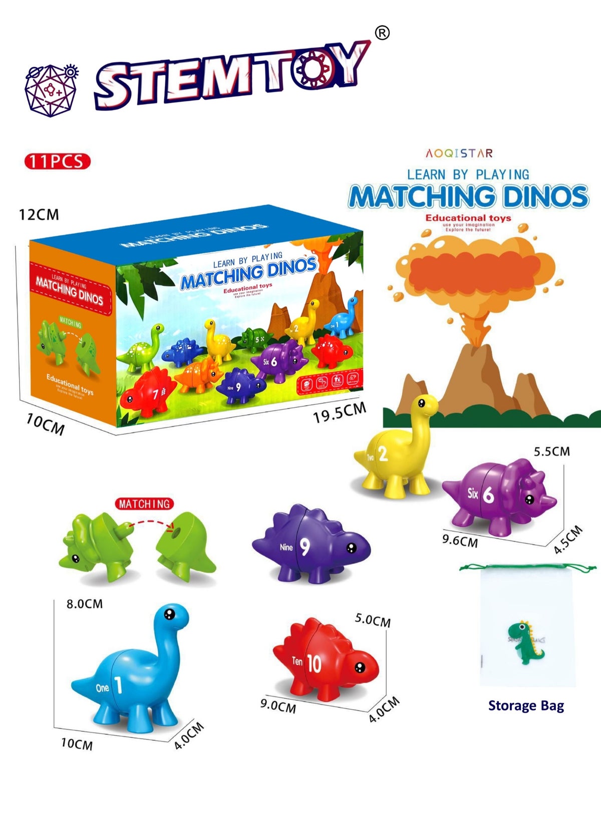 STEMTOY 10 Pcs Dinosaur Number Matching, Spelling, and Counting Toy Set ...