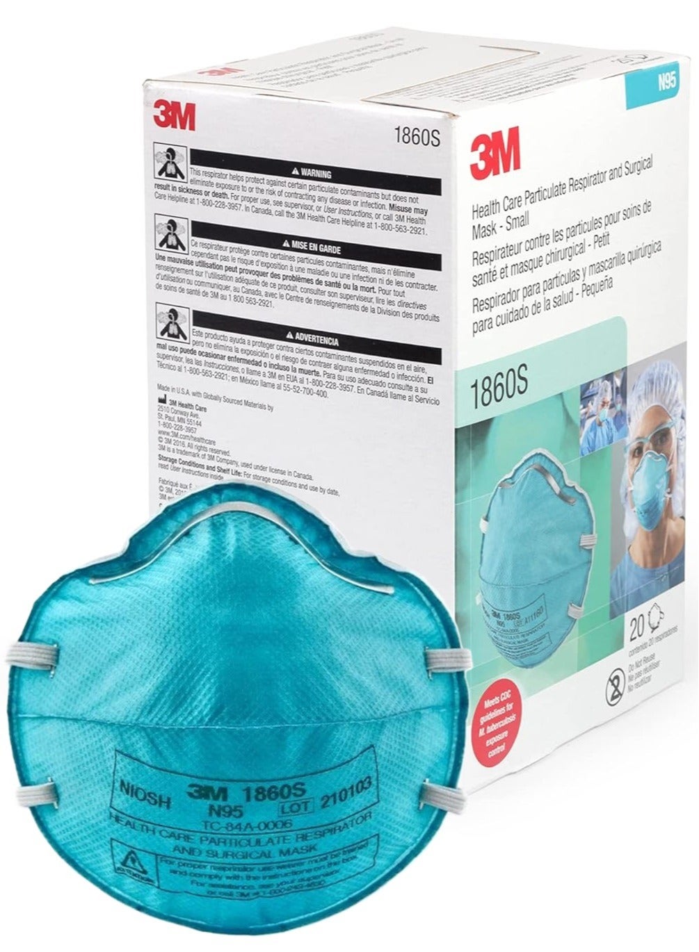 3M 3M™ 1860S N95 Particulate Teal Respirator & Surgical Mask Small 20 ...