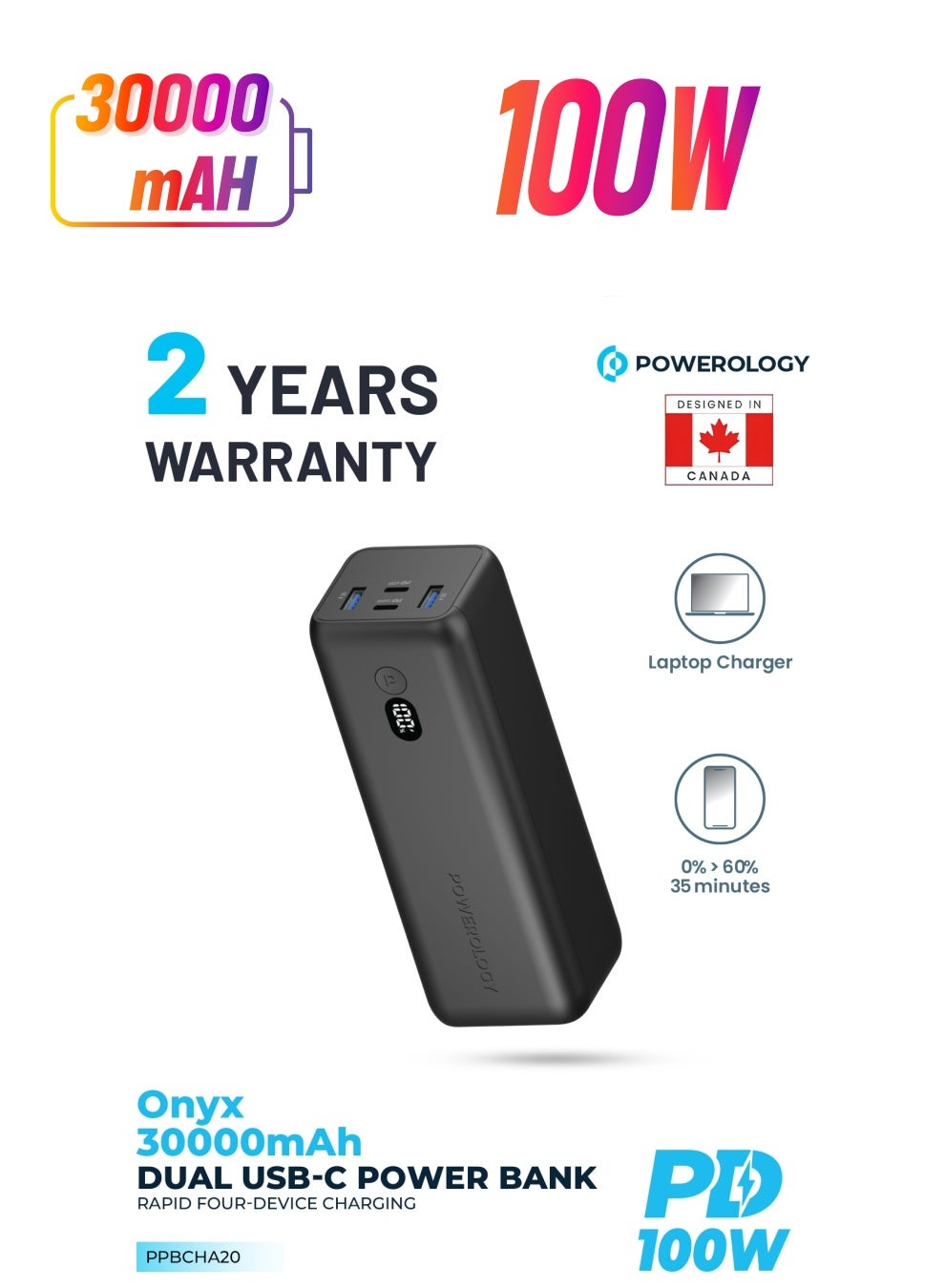 Powerology Onyx Dual USB-C Power Bank 30000mAh PD 100W / Multi-Device ...