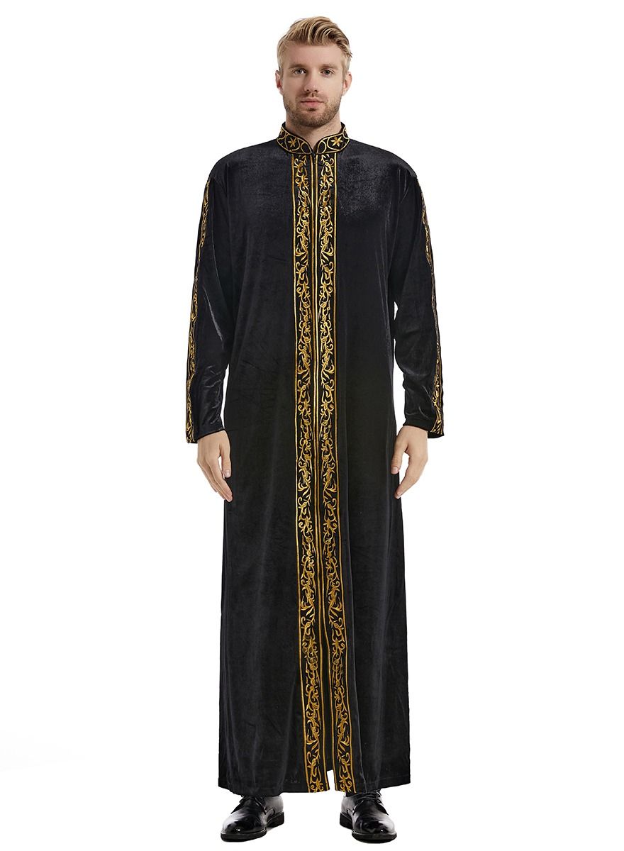 Loquat Men's Pleuche Embroidered Kaftan Islamic Arabic Kandora Robe ...
