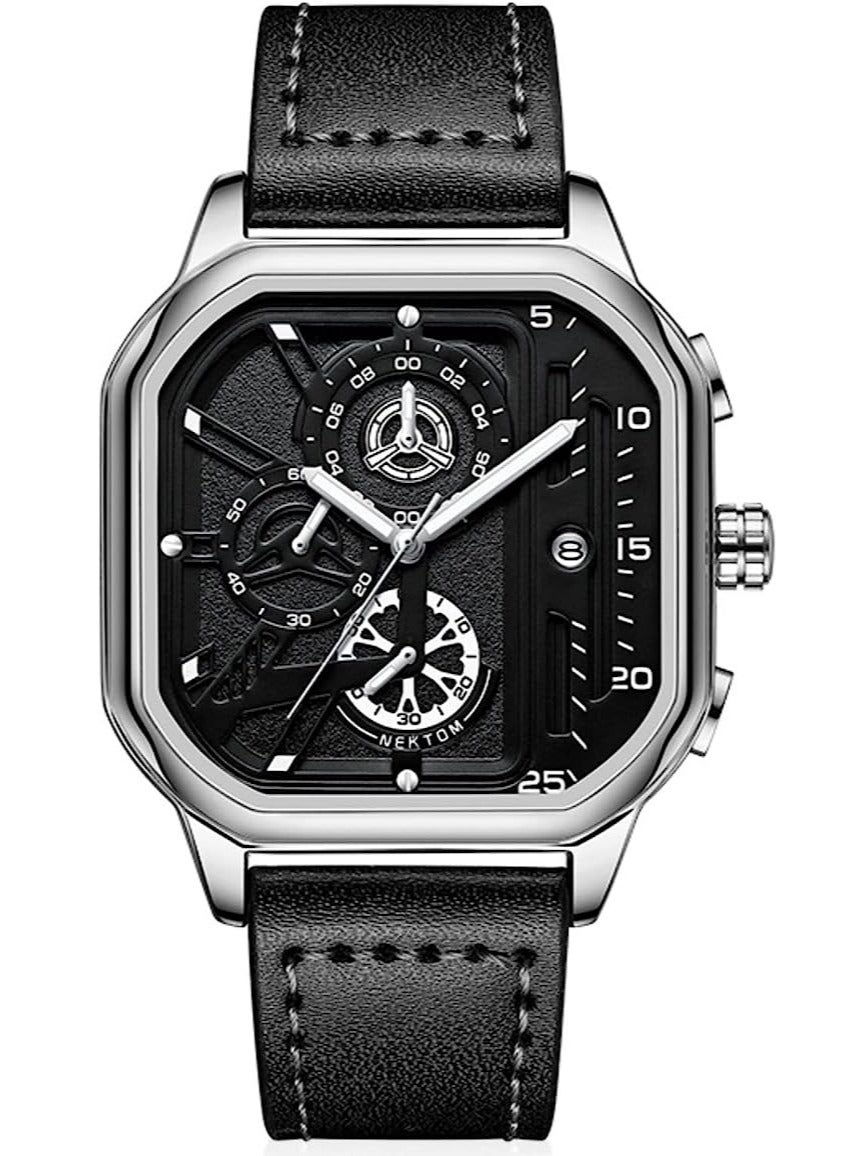 Generic Men Square Watch Analog Quartz Luminous Stainless Steel Leather ...