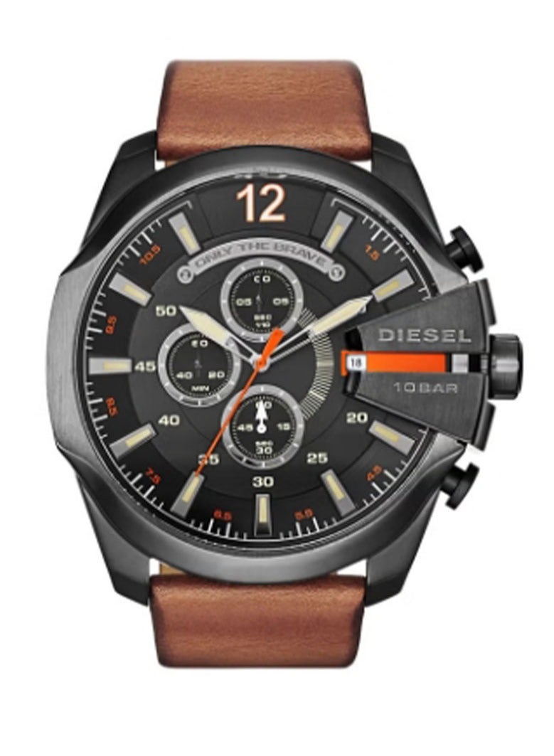 DIESEL Men's Mega Chief Round Shape Leather Band Chronograph Wrist ...