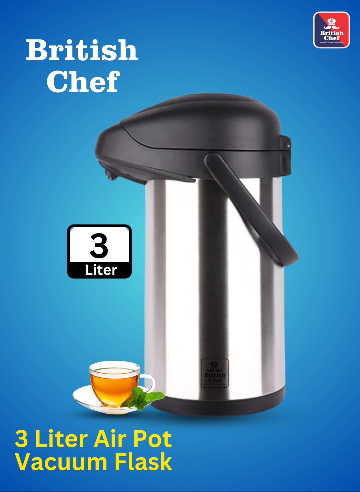 British Chef 3L Hot & Cold Airpot Thermos Flask | Durable Stainless ...