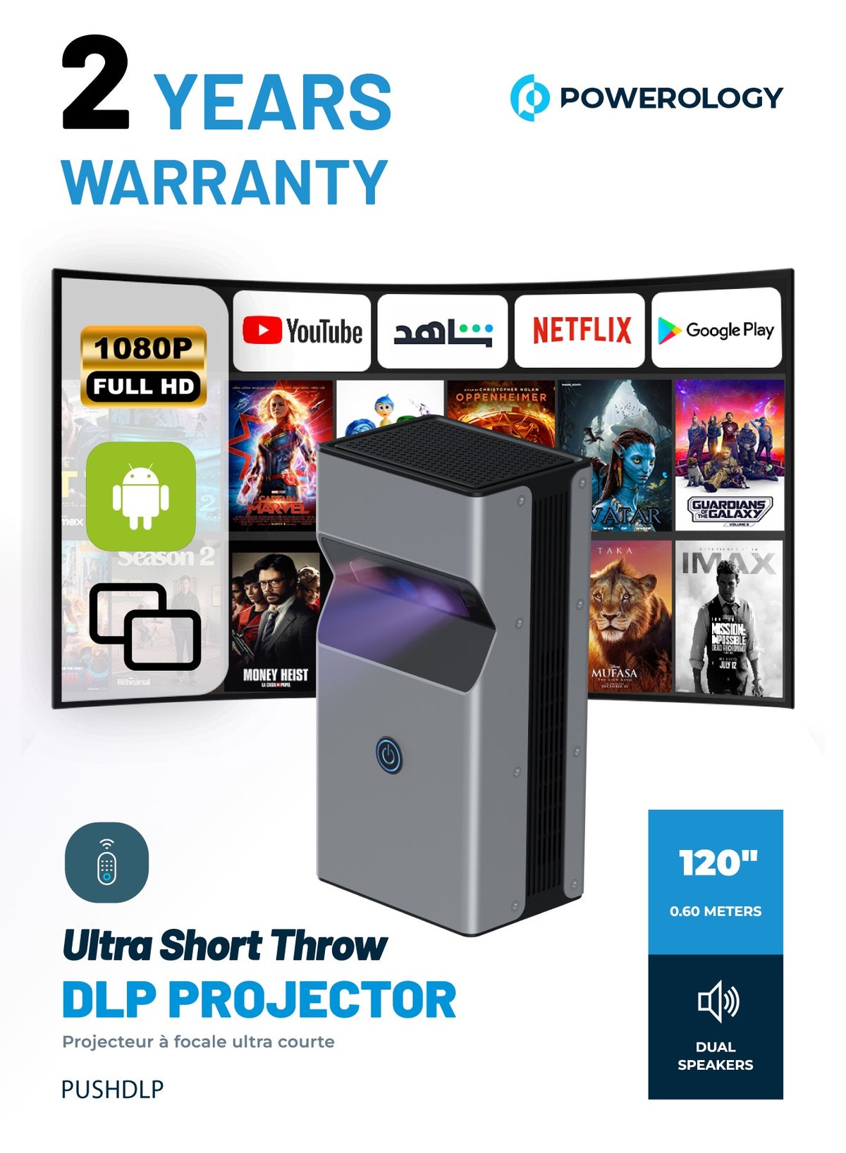 Powerology Ultra Short Throw DLP Projector 1080P Full HD/ 350 Ansi ...