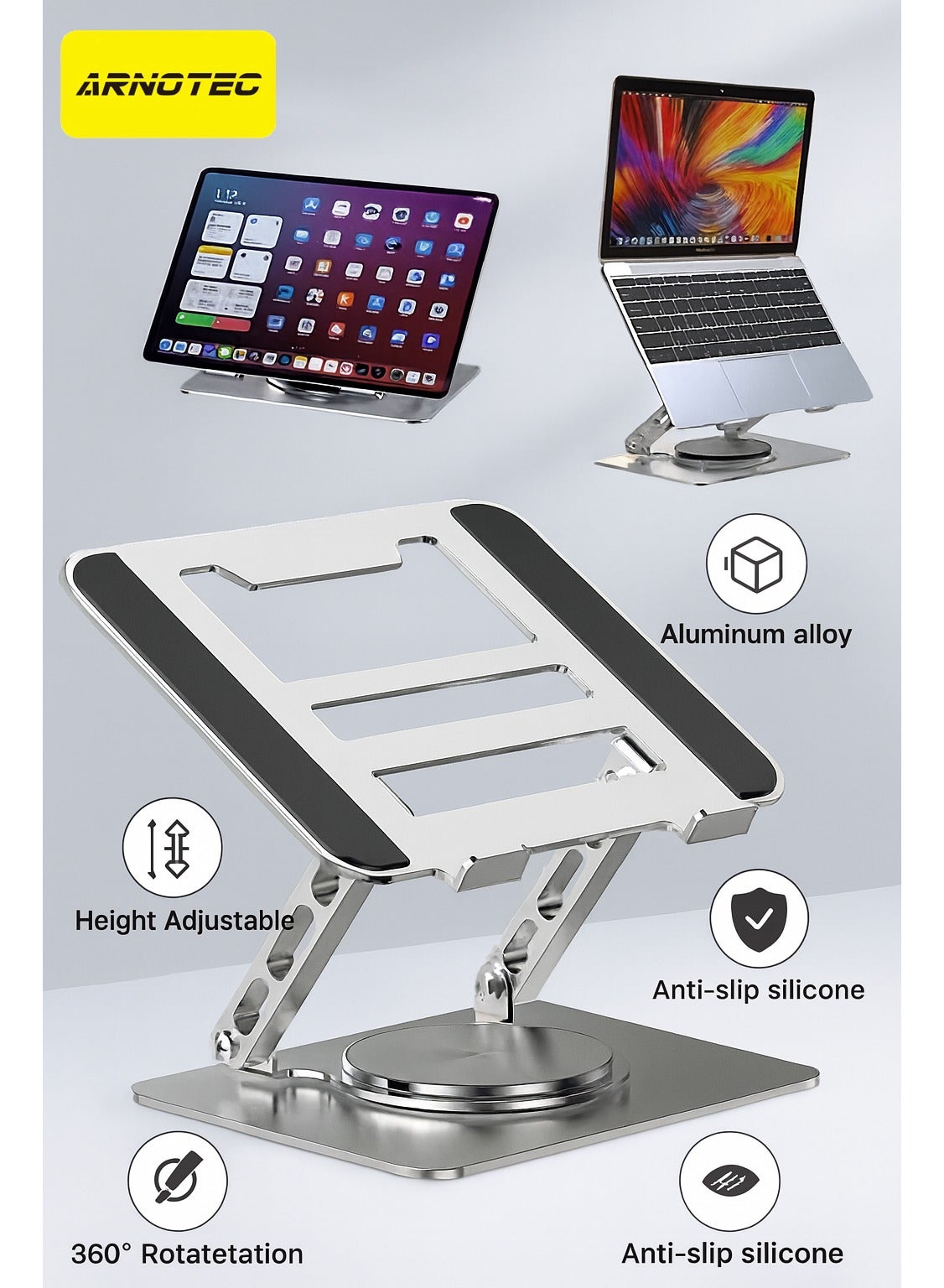 ARNOTEC 360° Rotating Laptop Stand, Adjustable Height Foldable Notebook ...