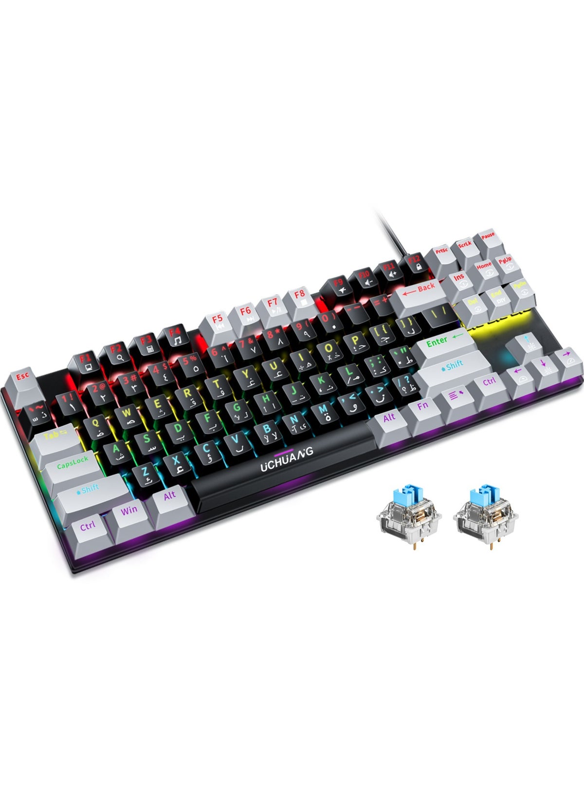 UCHUANG English Arabic Mechanical Gaming Keyboard with RGB LED Rainbow ...