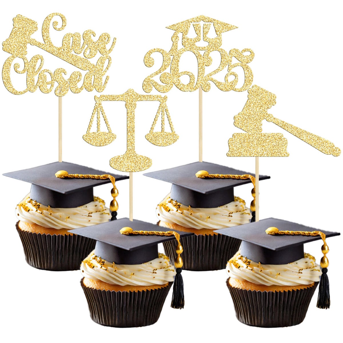 Ephlyn 24Pcs 2025 Lawyer Graduation Cupcake Toppers Gold Glitter Class ...