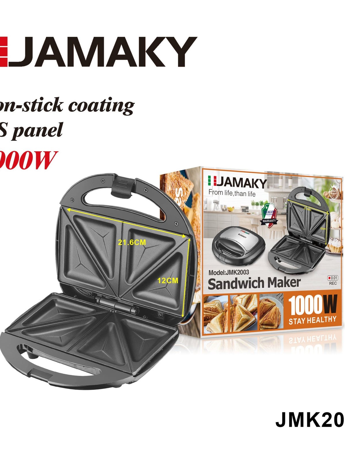 JAMAKY Italy Jamaki Sandwich Maker Anti-break Stainless Steel 1000 Watt - JMK 2003 Italian with ...