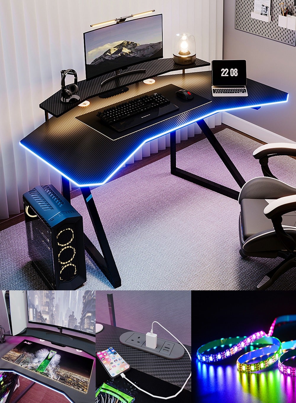 VariFurnx 160cm Wing-Shaped Gaming Computer Desk with Power Outlet and ...