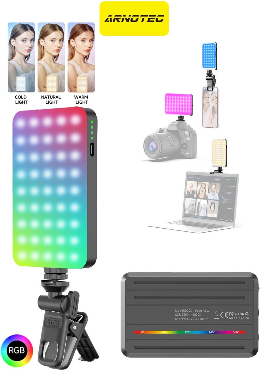ARNOTEC RGB Video Light, Portable LED Fill Light with 3000mAh Built-in ...