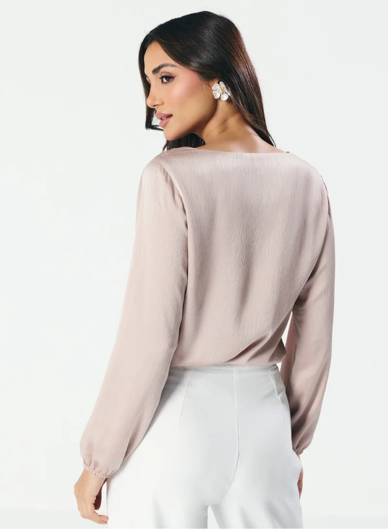 Zigzag Deep VNeck Long Sleeve Light Brown Top for Women | Best Price UAE