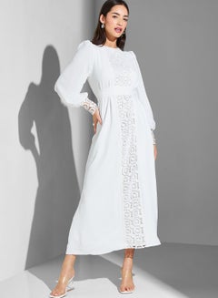 Buy Namshi x Modanisa White Broidered Belted Balloon Sleeve Dress for ...