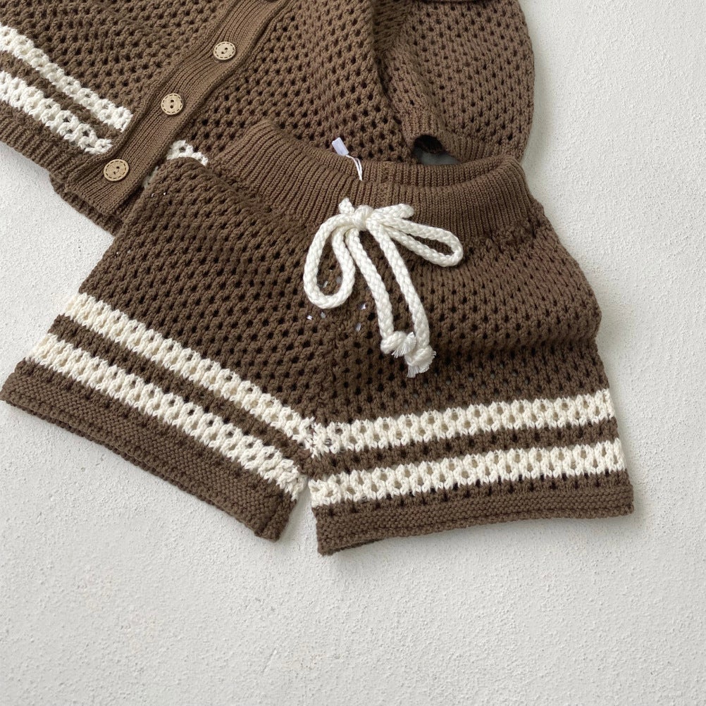 Generic Baby'S Summer Hollow Lar Knitted Cardigan Sweater Shorts Suit ...