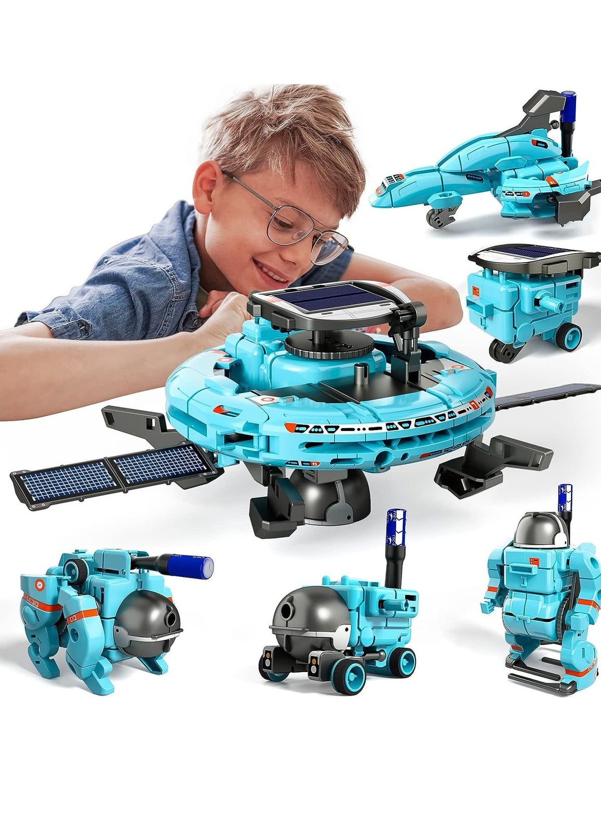 Blue 6-in-1 Solar Robot Kit - STEM Space Exploration Toy with Moon Base ...