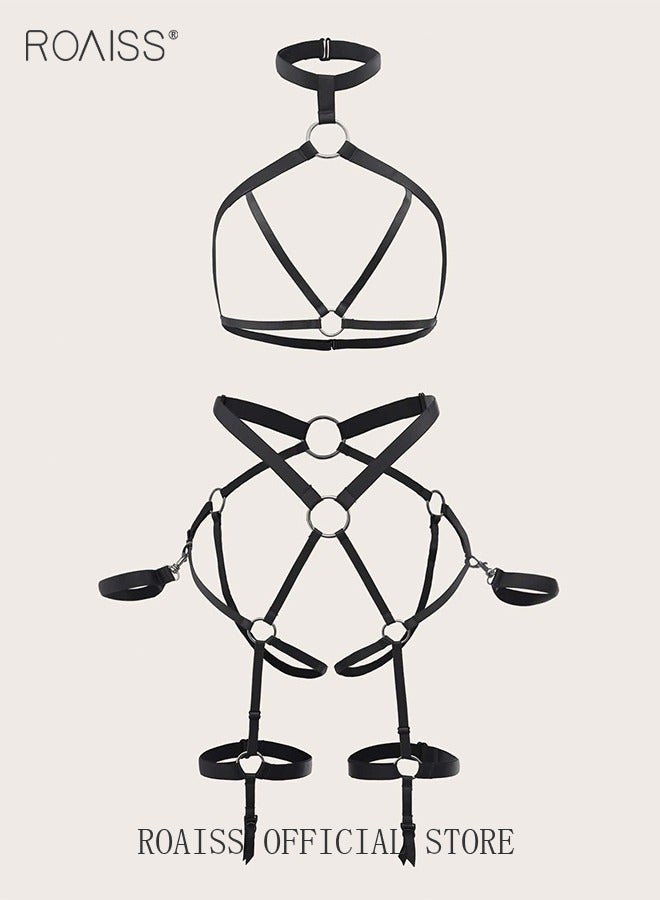 roaiss Ladies Ring Linked Harness Lingerie Set Bodysuit with Garter ...