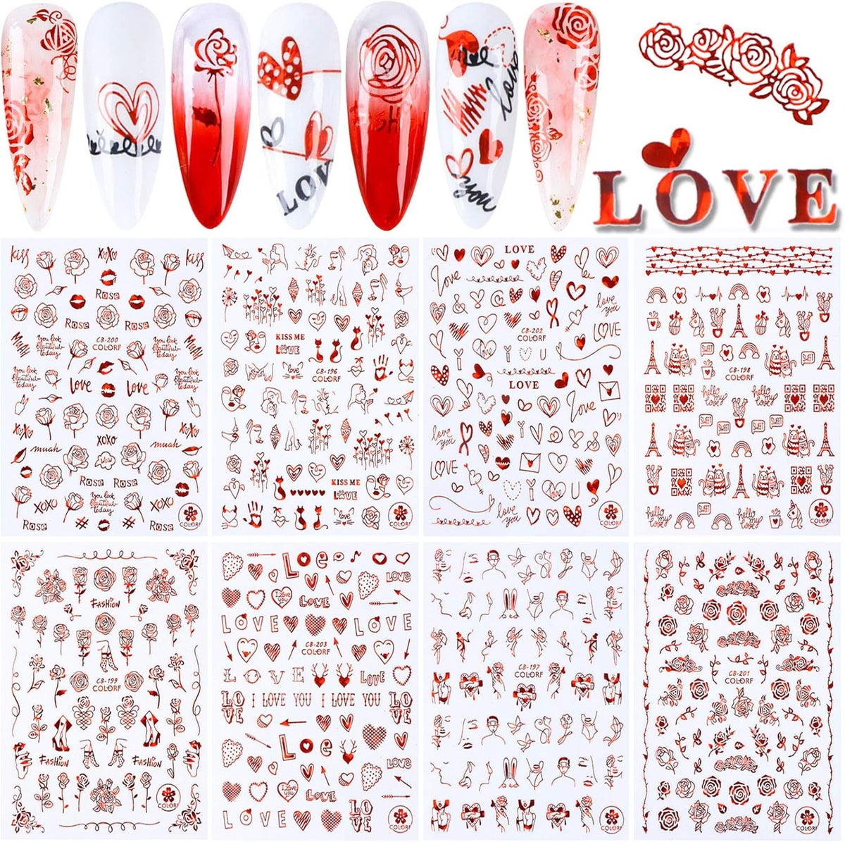 Jacknb 3D Valentines Nail Stickers Red Valentine's Day Nail Art ...