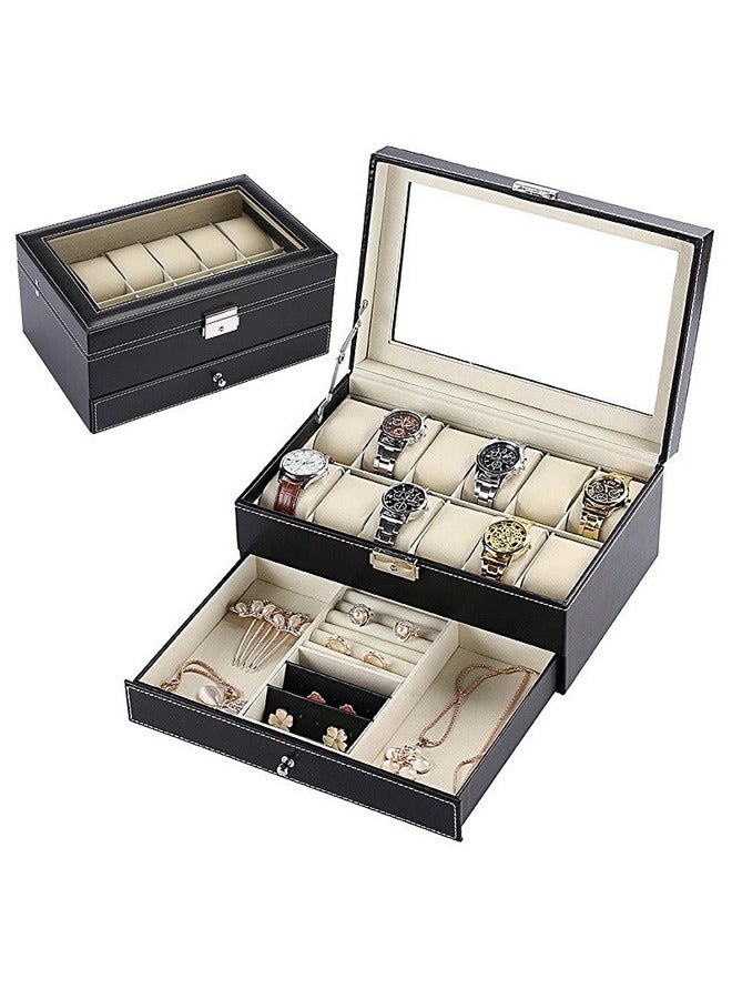 RollsTimi 12 Slot PU Leather Lockable Watch Storage Box,Watch Jewelry ...