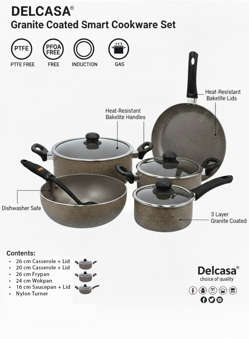DELCASA Granite Coated Non stick Smart Cookware Set 9Pcs DC1577BGE 26cm ...