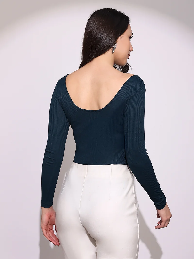 globus Globus Women Green Scoop Neck Long Sleeves Button Detail Ribbed ...