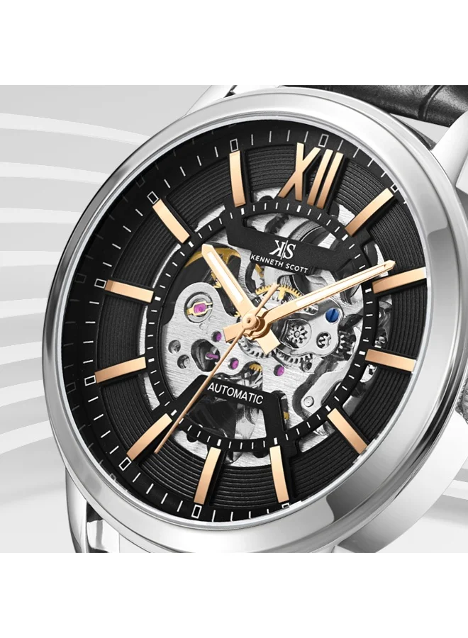 KENNETH SCOTT Black Leather Automatic Watch K24323-SLBBK - 43.5 mm for ...