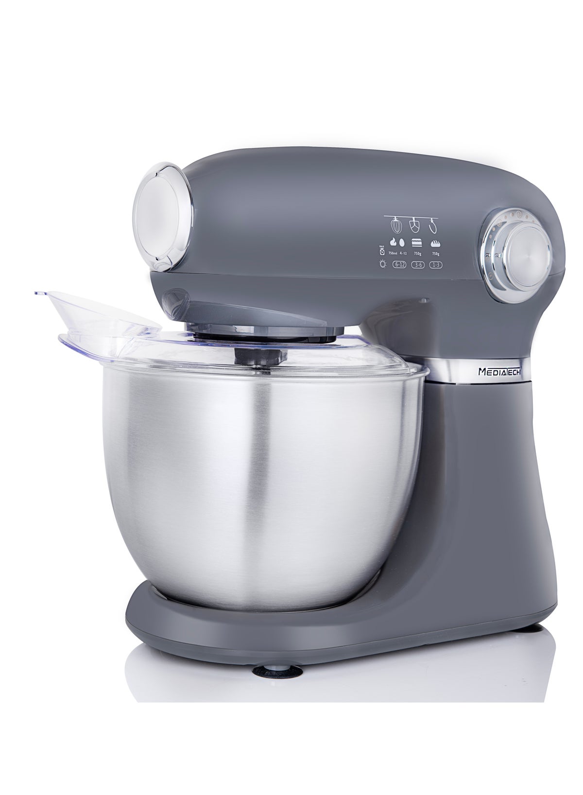 Mediatech Dough Mixer 1200Watt ,5.5Liters,Stainless Steel Mixer, 12 Speed level, Includes Dough ...
