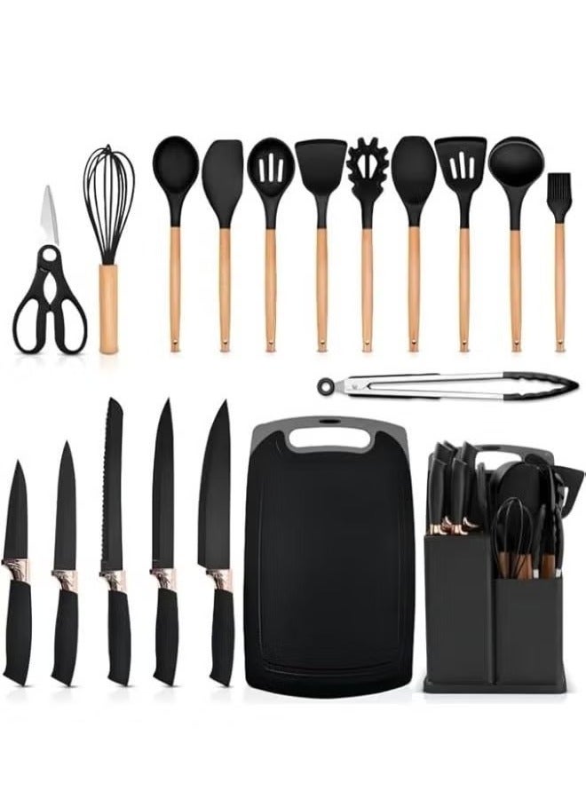 shAyzee 19-Piece Nonstick Silicone Kitchen Utensil Set with Wooden Handles Includes Knives ...