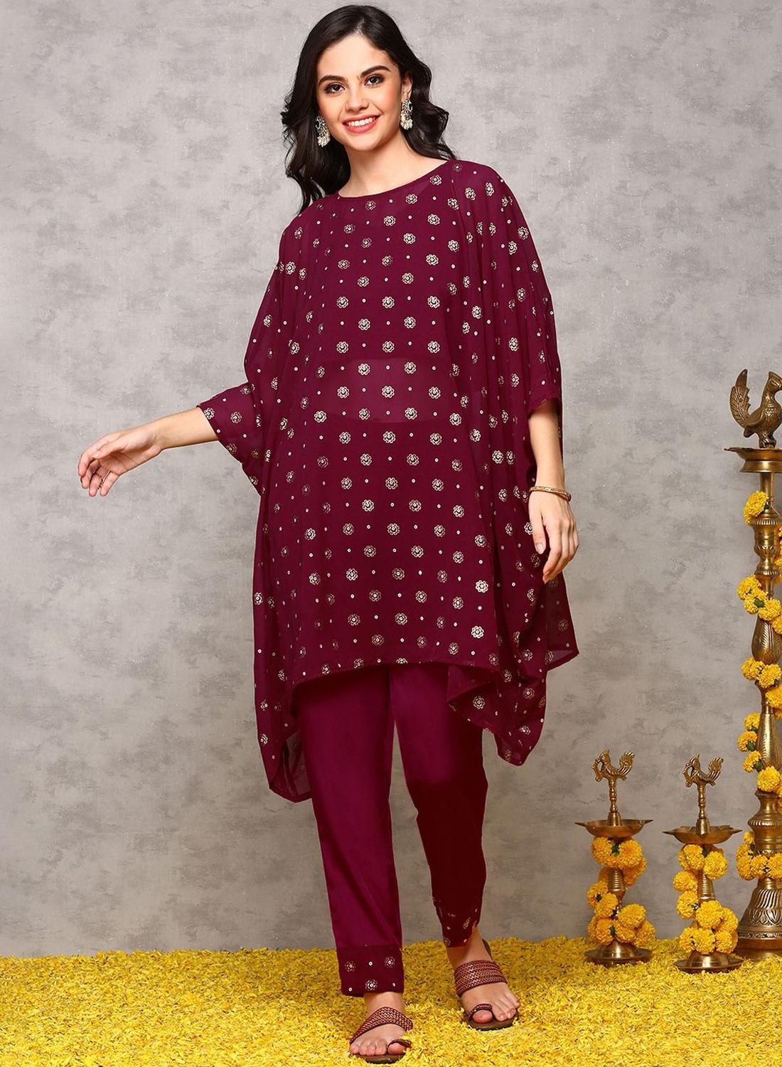 ISHIN Regular Fit Three-Quarter Sleeve Printed Pink Georgette Woven ...